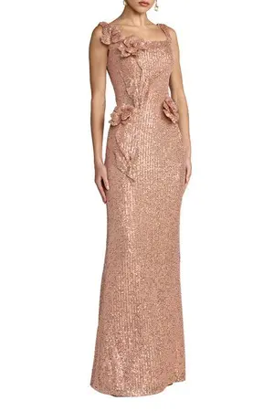 Mac Duggal Sleeveless Sequin Column Gown With 3d Floral Appliqués - Copper