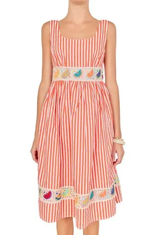 English Factory Sleeveless Striped Crochet Trim Dress