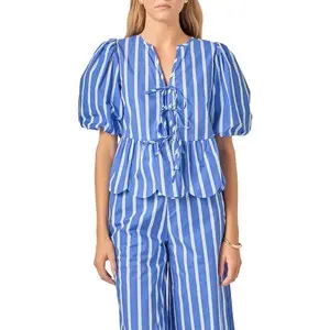 English Factory Stripe Tie Front Puff Sleeve Top - Navy/blue