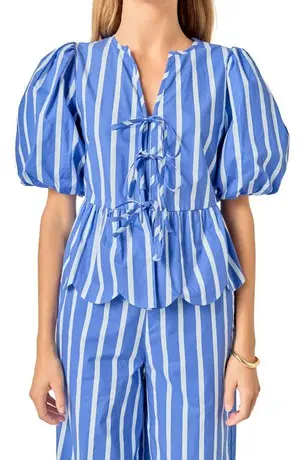 English Factory Stripe Tie Front Puff Sleeve Top