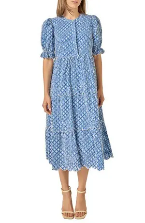 English Factory Scalloped Print Cotton Midi Dress - Blue