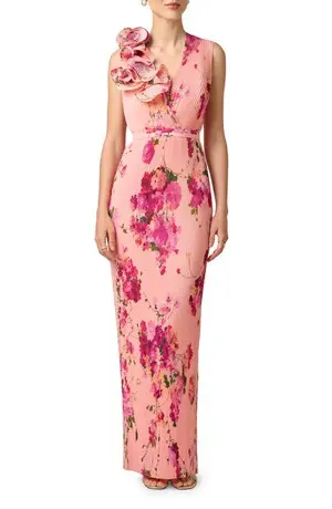 Aidan Mattox Print Plissé Sleeveless Gown - Pink Multi