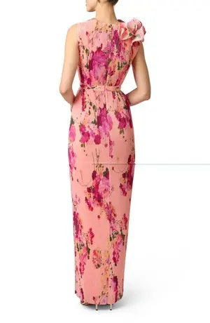 Aidan Mattox Print Plissé Sleeveless Gown