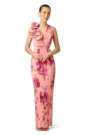 Aidan Mattox Print Plissé Sleeveless Gown