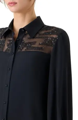 Akris Sequin Yoke Silk Crepe Shirt
