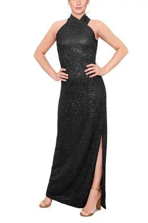 Rachel Rachel Roy Harland Crossover Halter Maxi Dress With Sequins And Slit - Black