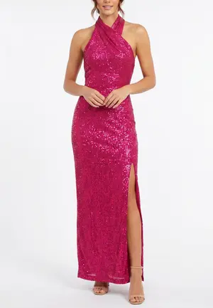 Rachel Rachel Roy Harland Crossover Halter Maxi Dress With Sequins And Slit - Fuchsia Red