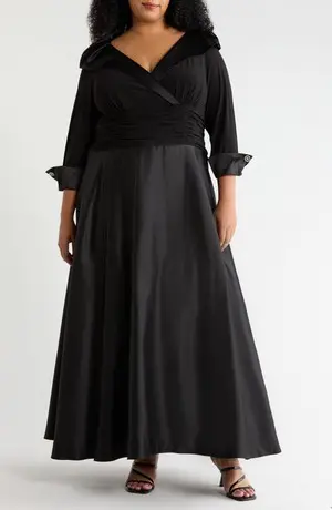 JESSICA HOWARD Rhinestone Button Mixed Media Gown - Black