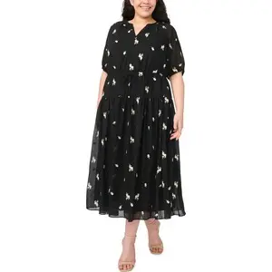 CECE DUPRAZ Print Tie Waist Midi Dress - Rich Black