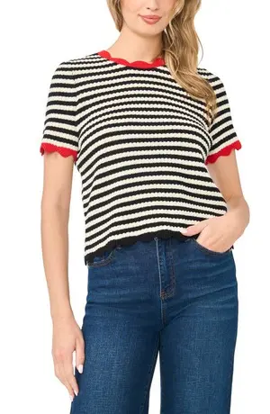 CECE DUPRAZ Stripe Pointelle Crewneck Sweater With Scalloped Trim And Back Tie - Black
