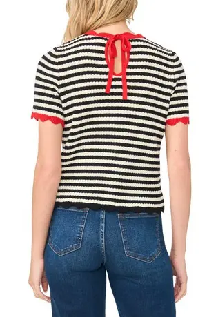CECE DUPRAZ Stripe Pointelle Crewneck Sweater With Scalloped Trim And Back Tie