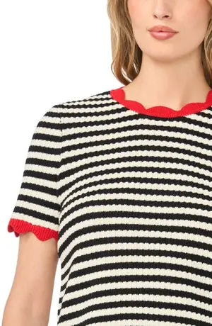 CECE DUPRAZ Stripe Pointelle Crewneck Sweater With Scalloped Trim And Back Tie