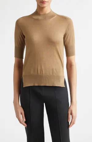 JIL SANDER Fine Knit Short Sleeve Mock Neck Sweater In Cashmere, Virgin Wool, And Silk - Sand