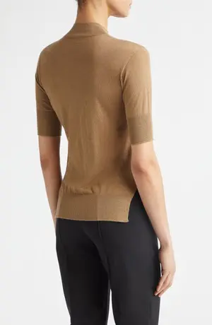 JIL SANDER Fine Knit Short Sleeve Mock Neck Sweater In Cashmere, Virgin Wool, And Silk - Sand