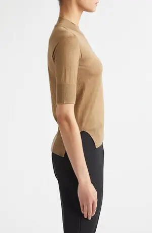JIL SANDER Fine Knit Short Sleeve Mock Neck Sweater In Cashmere, Virgin Wool, And Silk - Sand