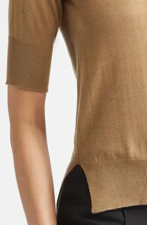 JIL SANDER Fine Knit Short Sleeve Mock Neck Sweater In Cashmere, Virgin Wool, And Silk - Sand