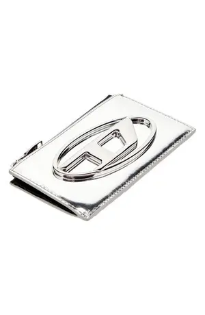 DIESEL® 1dr Metallic Leather Card Holder - Silver