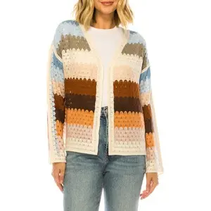 A COLLECTIVE STORY Stripe Crochet Open Front Cardigan