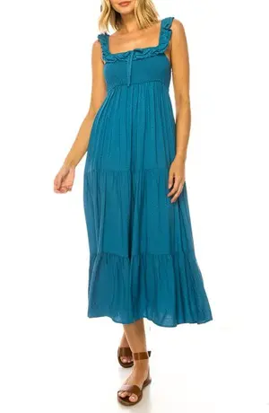 A COLLECTIVE STORY Ruffle Trim Swiss Dot Tiered Midi Dress - Faded Denim
