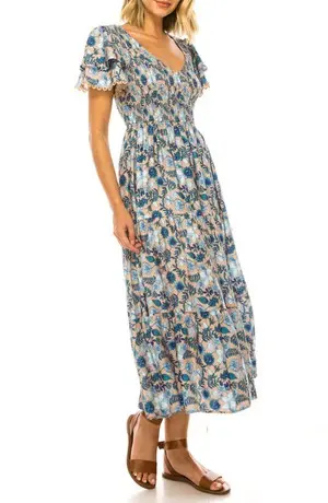 A COLLECTIVE STORY Floral Print Flutter Sleeve V-neck Midi Dress