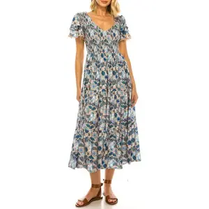 A COLLECTIVE STORY Floral Print Flutter Sleeve V-neck Midi Dress - Hazelnut