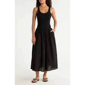 Elan Mixed Media Eyelet Maxi Cover-up Dress - Black