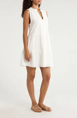 Elan Eyelet Tiered Sleeveless Cover-up Minidress - White