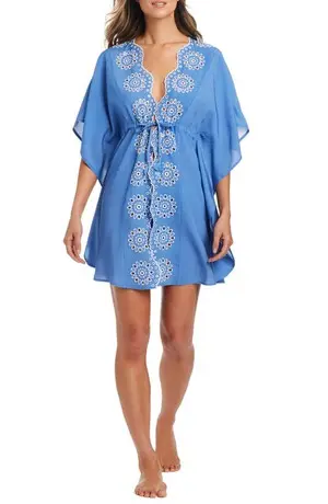 BLEU BY ROD BEATTIE Eyelet Open Front Cover-up Caftan - Drift Bleu/white