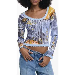 Desigual Abstract Print Rib Knit Top - Blue