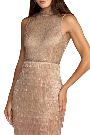 Mac Duggal Sleeveless Beaded Mock Neck Fringe Column Gown