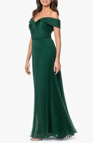 XSCAPE EVENINGS Off The Shoulder Pleated Organza Gown