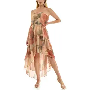 SOCIALITE Abstract Print Strapless High-low Tiered Midi Dress - Rust/brown
