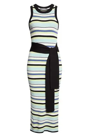 TOCCIN Sleeveless Striped Ribbed Midi Dress With Sash - Ocean/keylime Multi
