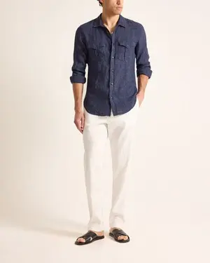 Orlebar Brown Colburn Lino Tailored Fit Linen Shirt With Chest Pockets - Night Iris