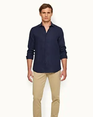Orlebar Brown Giles Linen Cutaway Collar Tailored Fit Linen Shirt - Navy