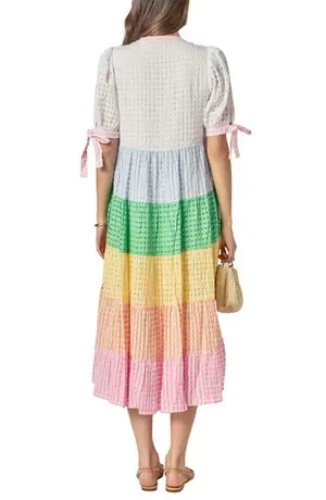 English Factory Striped Midi Dress With Puff Sleeves