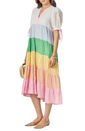English Factory Striped Midi Dress With Puff Sleeves