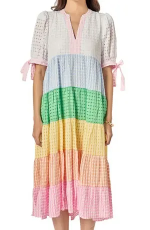 English Factory Striped Midi Dress With Puff Sleeves