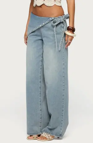 EDIKTED Stud Foldover Wide Leg Jeans