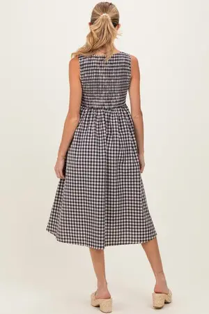 PINKBLUSH Gingham Smocked Sleeveless Midi Dress - Black