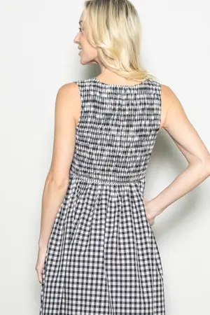 PINKBLUSH Gingham Smocked Sleeveless Midi Dress - Black