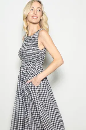 PINKBLUSH Gingham Smocked Sleeveless Midi Dress - Black