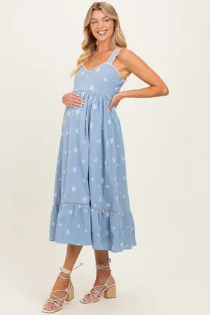 PINKBLUSH Vintage Floral Smocked V-neck Maternity Maxi Dress