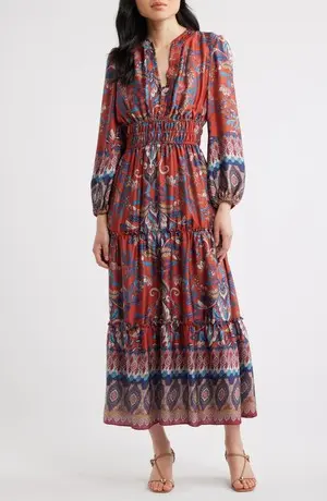 Julia Jordan Paisley Floral Long Sleeve Tiered Dress - Rust Multi