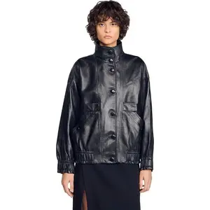 Sandro Oversized Leather Jacket - Black