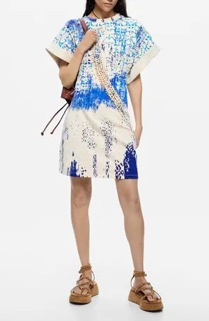 Desigual Mixed Paint Print Cotton Mini Dress - Blue