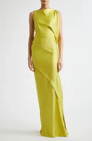 Victoria Beckham Kyra Sleeveless Draped Satin Gown - Chartreuse