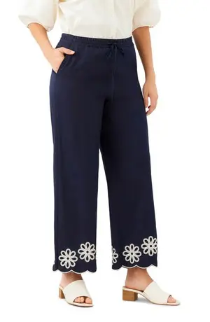 Karen Kane Embroidered Scallop Drawstring Cotton Pants