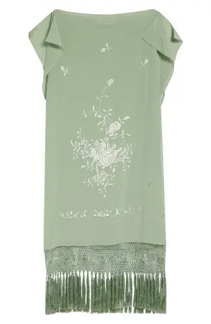 CONNER IVES Piano Shawl Floral Embroidered Fringe Silk Mini Dress