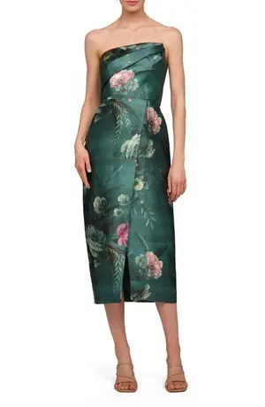 KAY UNGER Amelie Floral Strapless Mikado Sheath Cocktail Dress - Emerald